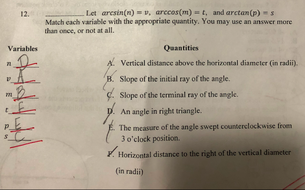 Solved 12. Match each variable with the appropriate | Chegg.com