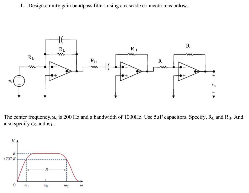 Design a unity gain bandpass filter, using a cascade | Chegg.com