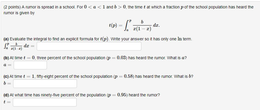 Solved (2 points) A rumor is spread in a school. For 0