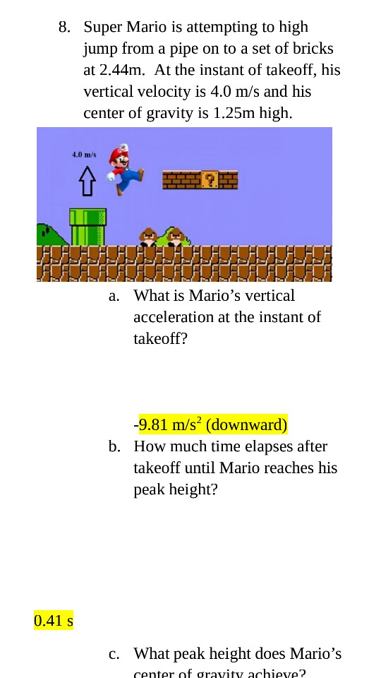 Solved 8. Super Mario is attempting to high jump from a pipe | Chegg.com