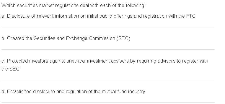 Solved Which securities market regulations deal with each of | Chegg.com