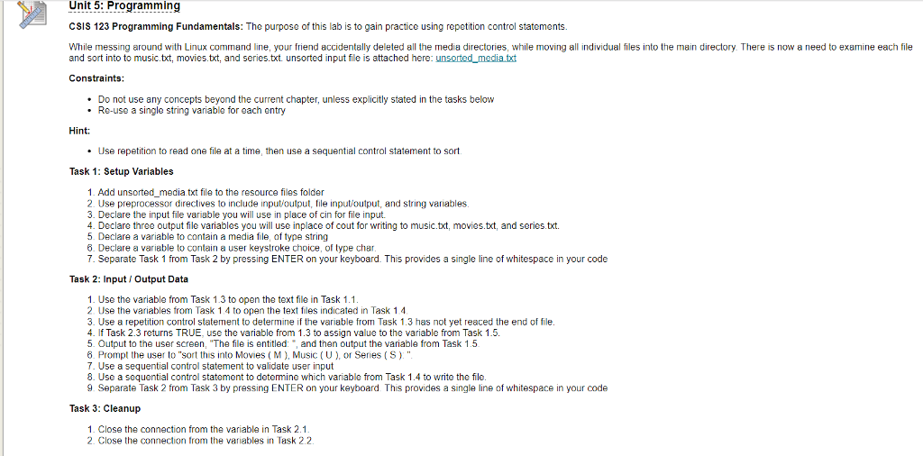 Solved Unit 5: Programming CSIS 123 Programming | Chegg.com
