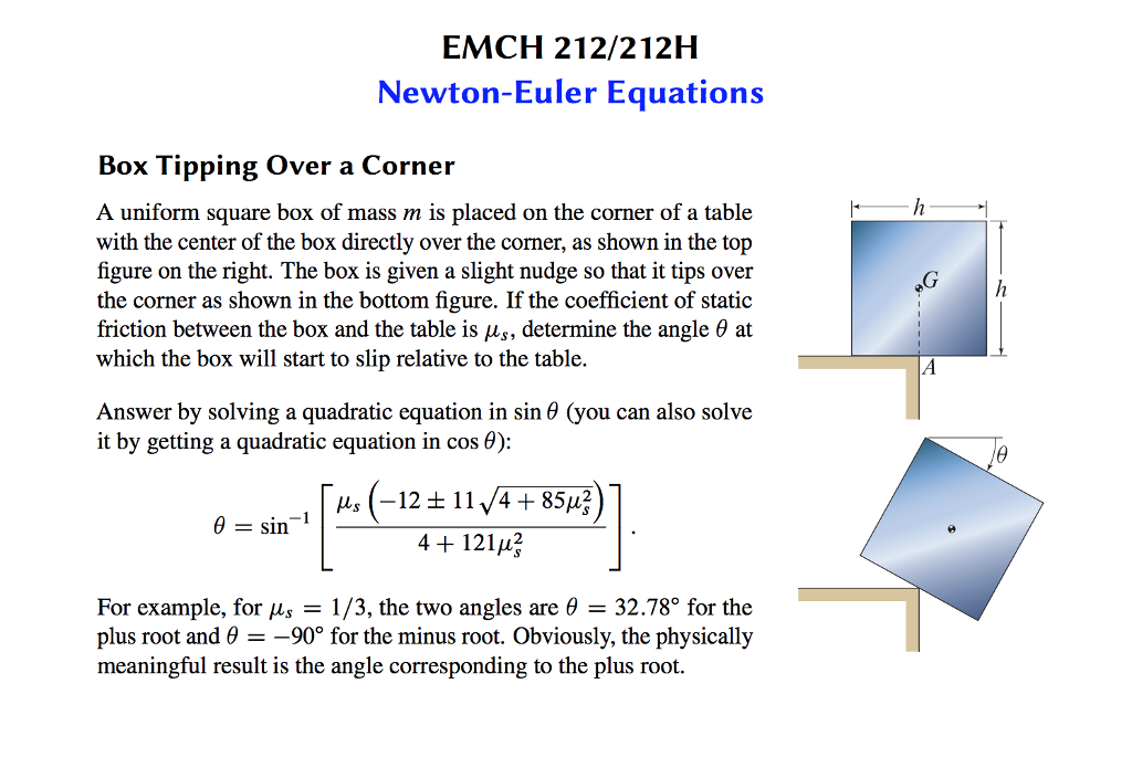 Solved EMCH 212/212H ewton-Euler Equations Box Tipping Over | Chegg.com