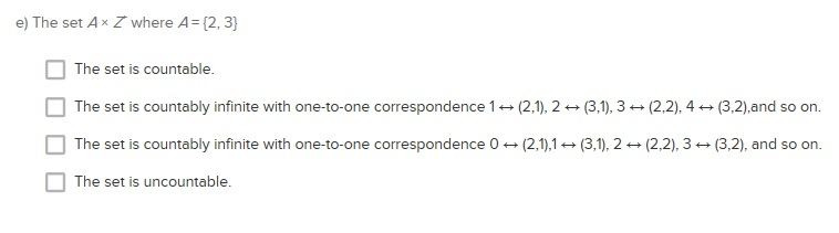 Solved e) The set Ax Z where A (2,3) The set is countable. | Chegg.com