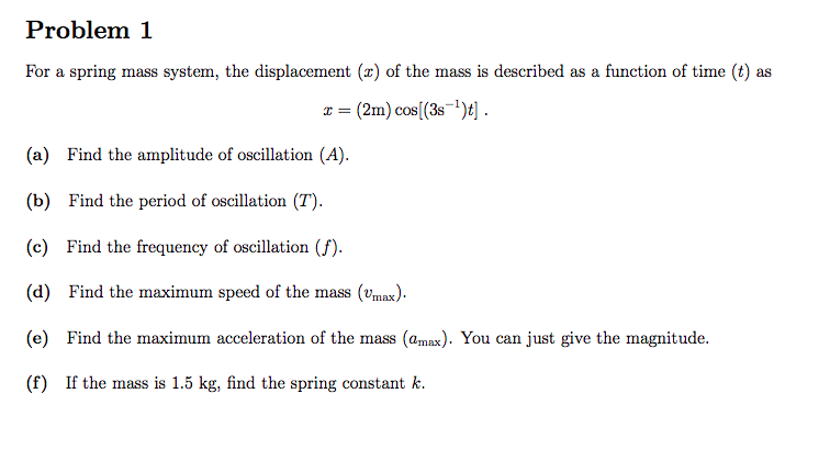 Solved Problem 1 For a spring mass system, the displacement | Chegg.com