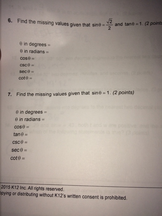 Solved Find the missing values given that sin theta = | Chegg.com