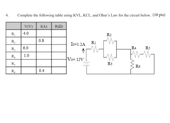 Solved Complete the following table using KVL, KCL, and | Chegg.com