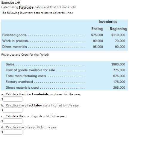 Solved Exercise 1-9 Determining Materials, Labor, and Cost | Chegg.com