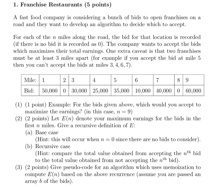Solved: A Fast Food Company Is Considering A Bunch Of Bids... | Chegg.com