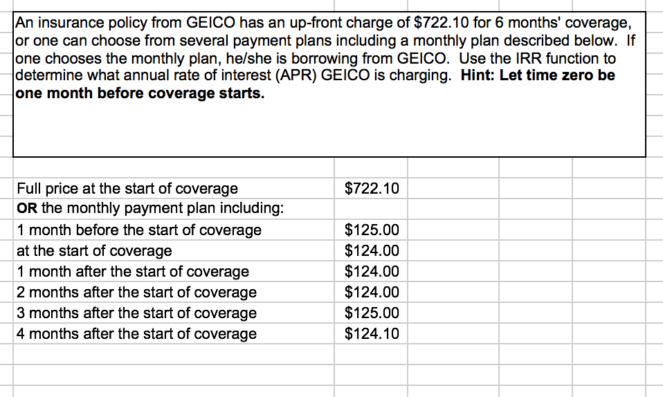 Solved An insurance policy from GEICO has an up-front charge | Chegg.com