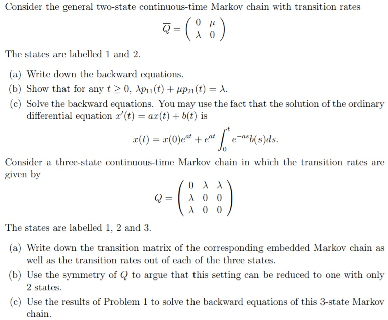 Solved Consider a three-state continuous-time Markov chain | Chegg.com