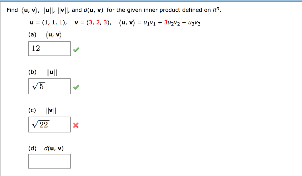 Solved Find (u, v), ||u||, ||v||, and d(u, v) for the given | Chegg.com