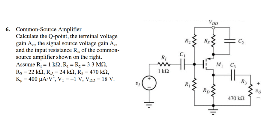 Solved Common-Source Amplifier Calculate the Q-point, the | Chegg.com