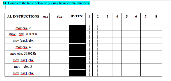 Complete the table below only using hexadecimal | Chegg.com