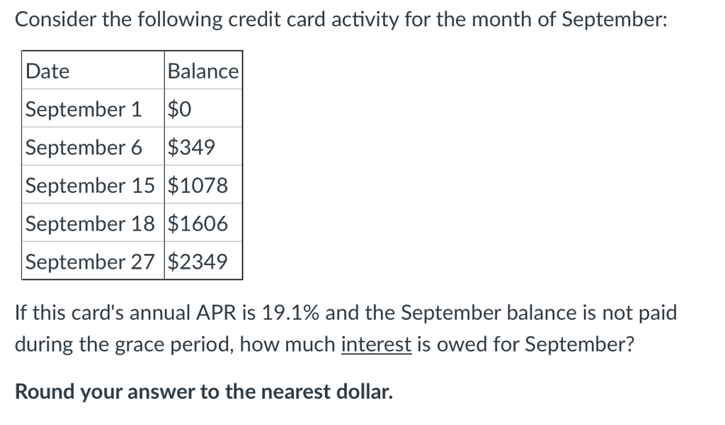 Solved Consider the following credit card activity for the | Chegg.com