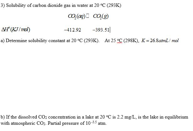 Solved 3) Solubility of carbon dioxide gas in water at 20 oC | Chegg.com