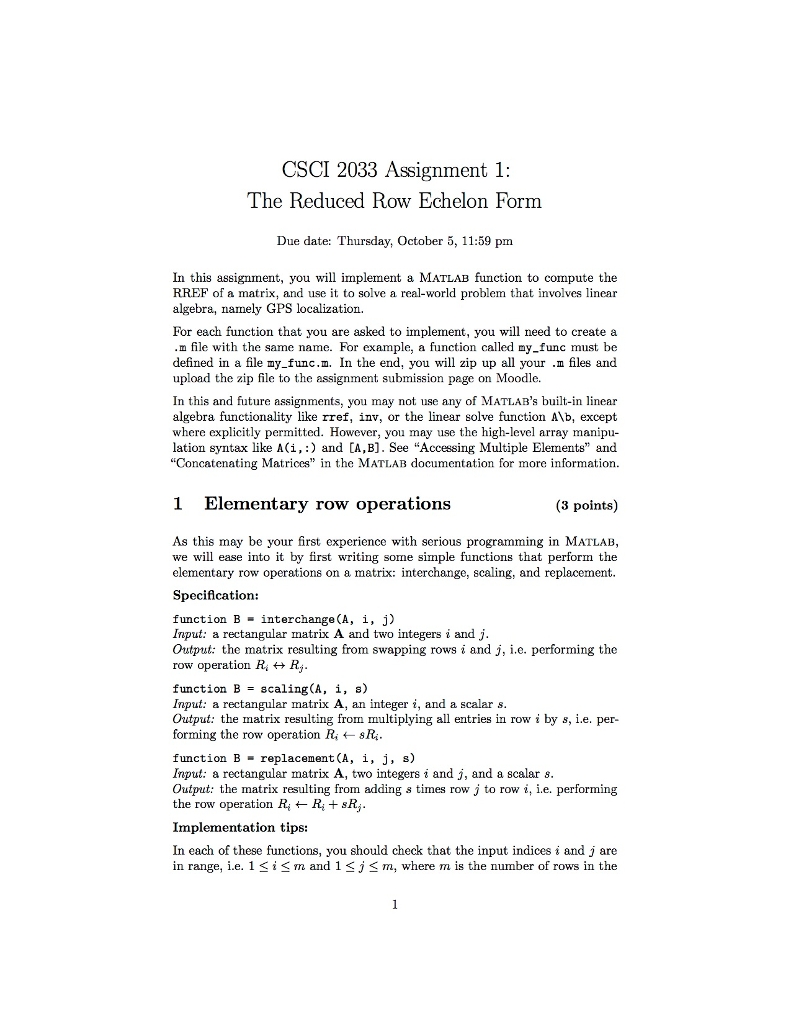 CSCI 2033 Assignment 1: The Reduced Row Echelon Form | Chegg.com