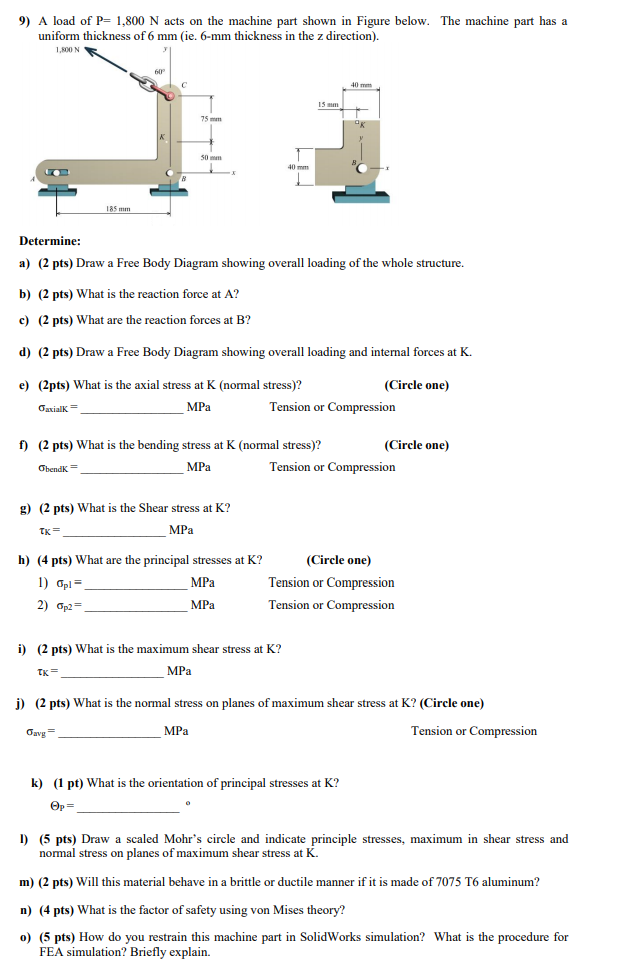 Solved 9) A load of P1,800 N acts on the machine part shown | Chegg.com
