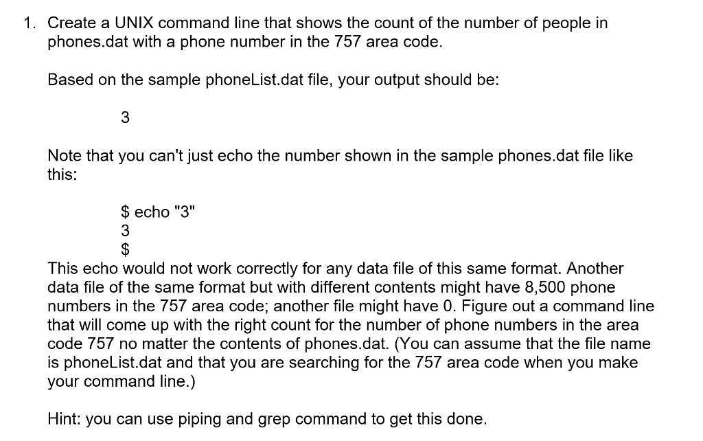 Solved 1. Create a UNIX command line that shows the count of | Chegg.com
