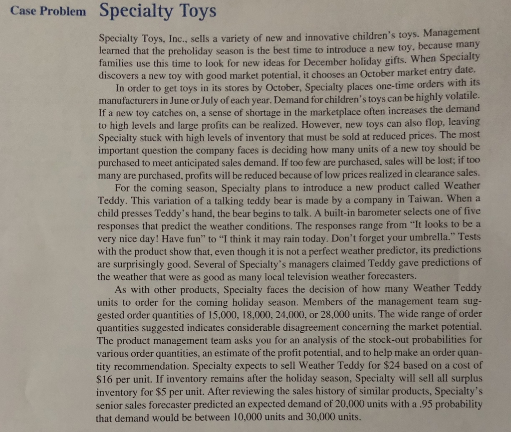 Solved Case Problem Specialty Toys Case Problem Specialty | Chegg.com