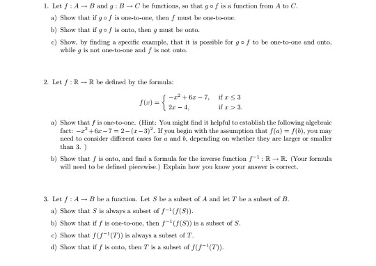 Solved 1.Let f : A-, B and g : B-. C be functions, so that | Chegg.com