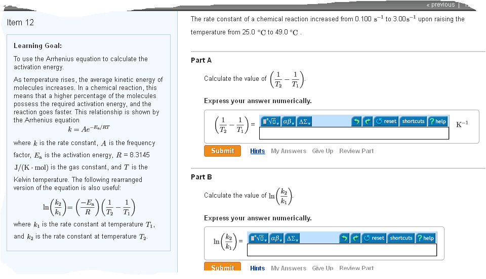 Solved Learning Goal: To use the Arrhenius equation to | Chegg.com