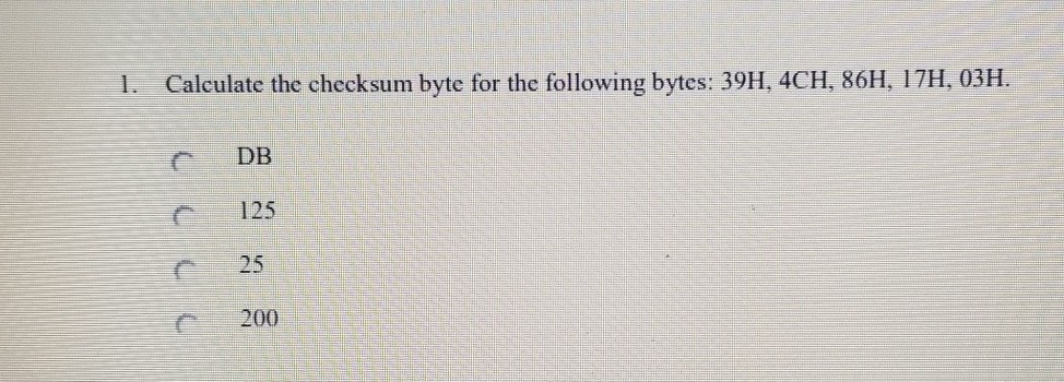 Solved 1. Calculate the checksum byte for the following | Chegg.com