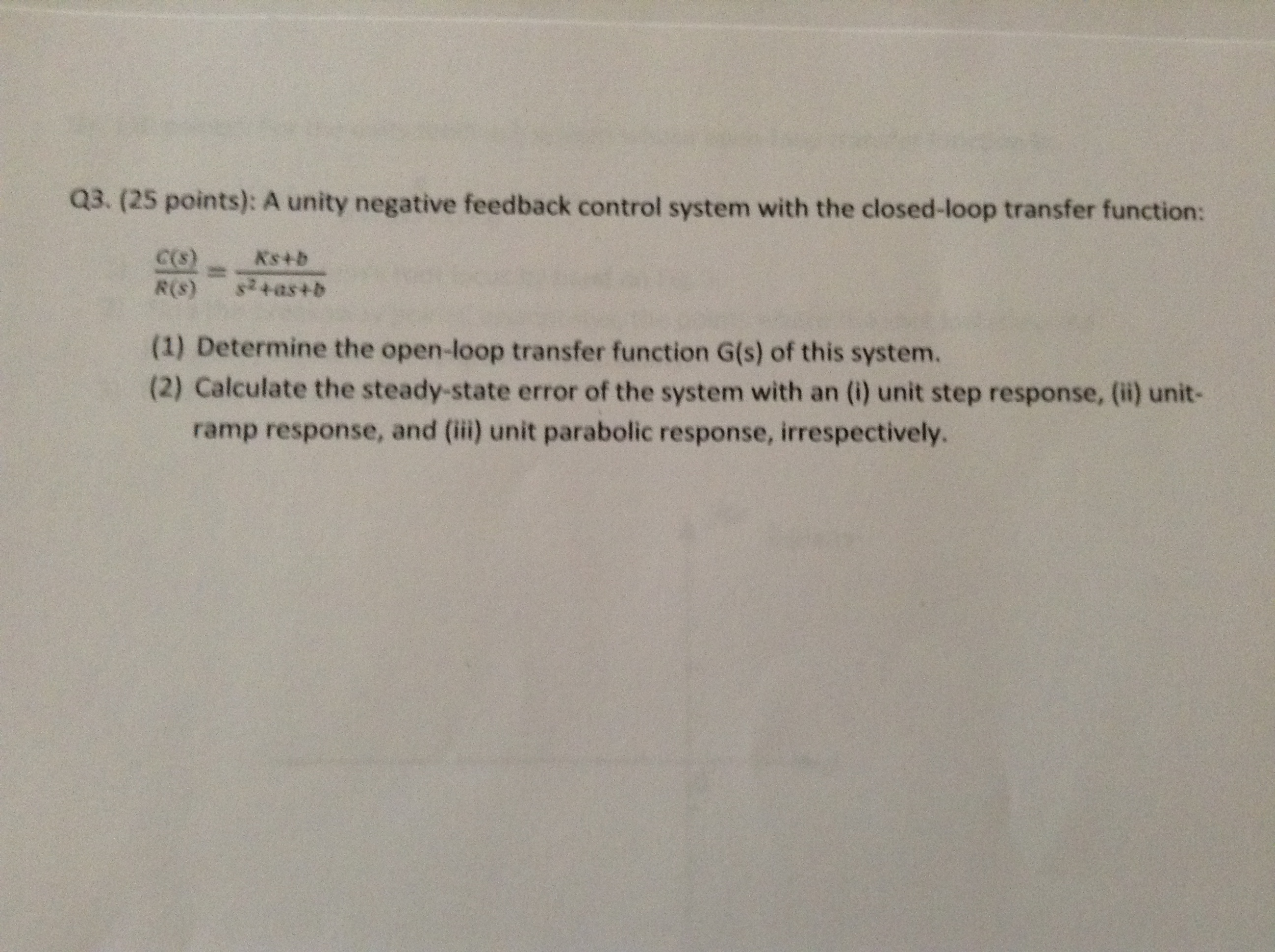 Solved Q3. A unity negative feedback control system with the | Chegg.com