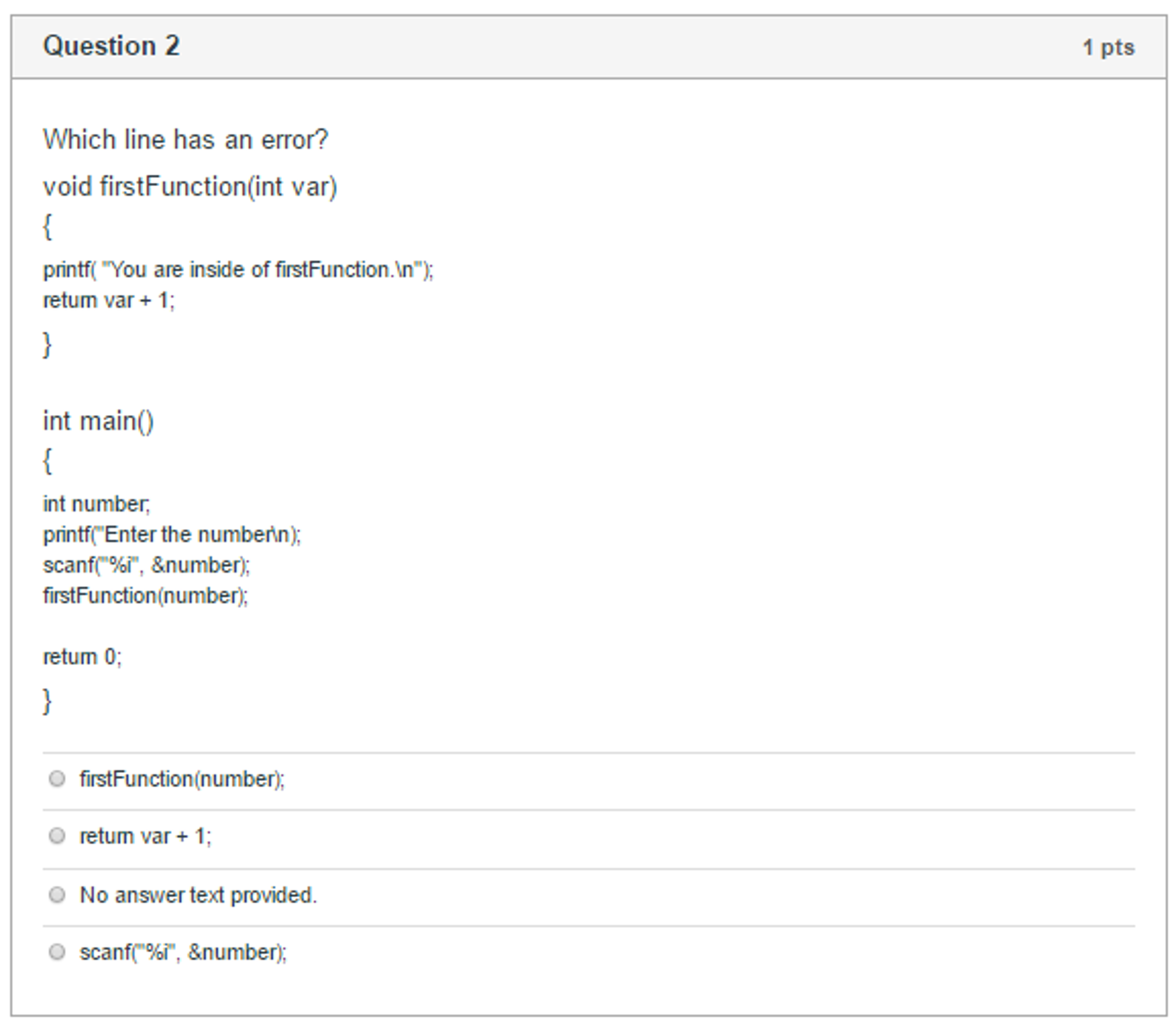 Solved Which line has an error? void firstFunction(int var) | Chegg.com