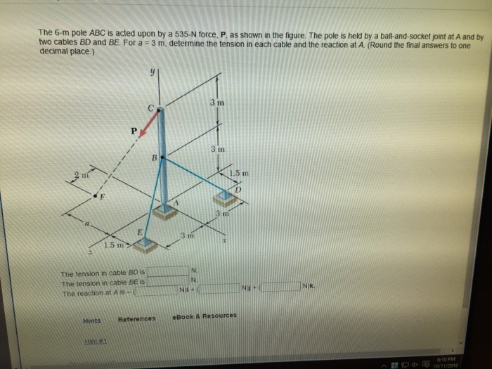 Solved The 6-m pole ABC is acted upon by a 535-N force, P, | Chegg.com