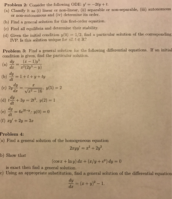 Solved Consider the following ODE: y'= -2ty + t. (a) | Chegg.com
