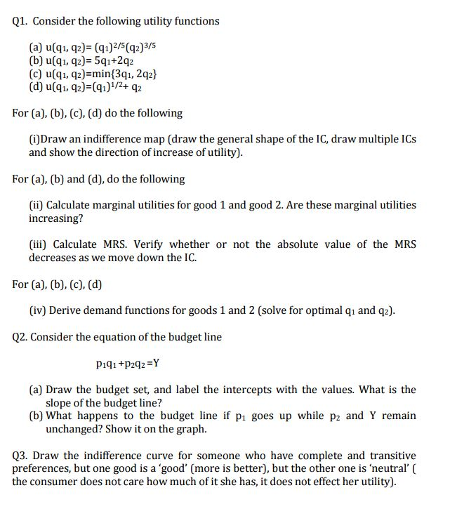 Solved Q1. Consider the following utility functions 3/5 (b) | Chegg.com