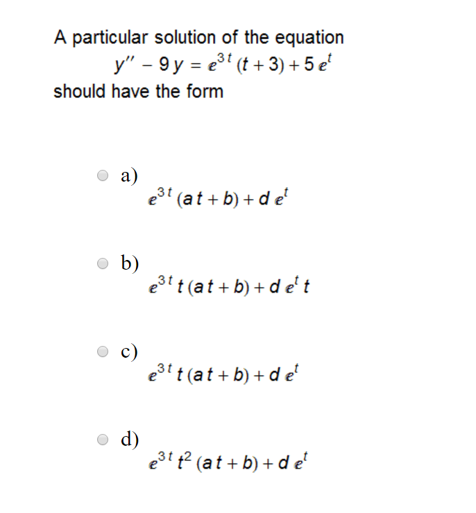 Solved A Particular Solution Of The Equation Y 9y E3t 