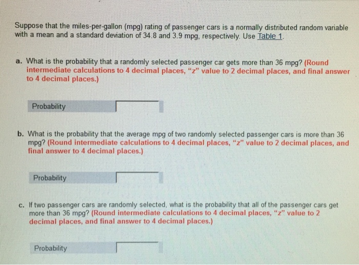 Solved Suppose that the miles-per-gallon (mpg) rating of | Chegg.com