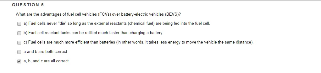 Solved QUESTION 5 What are the advantages of fuel cell | Chegg.com