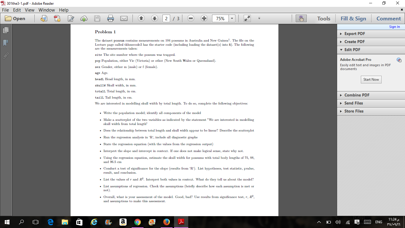 Solved The dataset possum contains measurements on 104 | Chegg.com