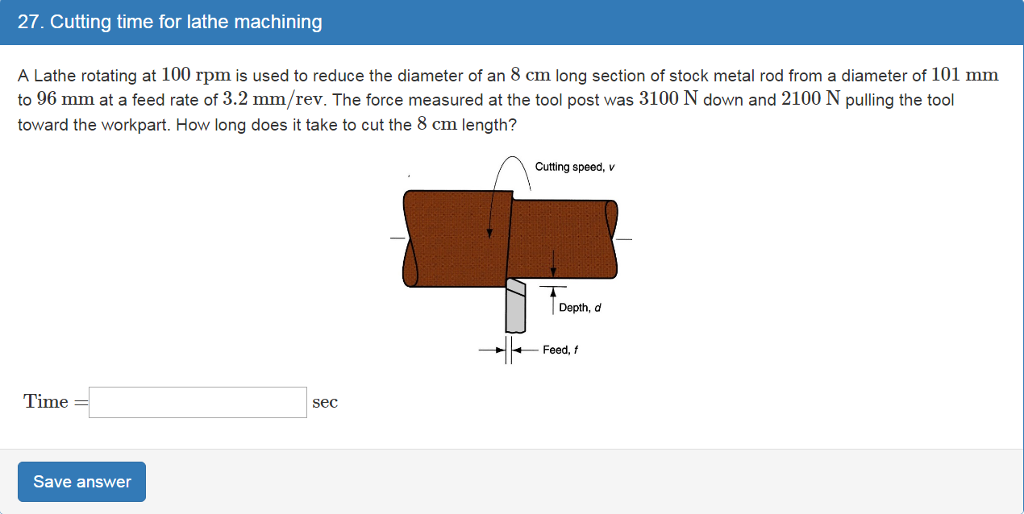 Solved A Lathe rotating at 100 rpm is used to reduce the | Chegg.com