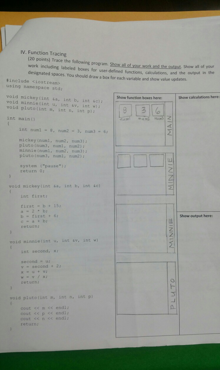 Solved IV. Function Tracing (20 points) Trace the following | Chegg.com