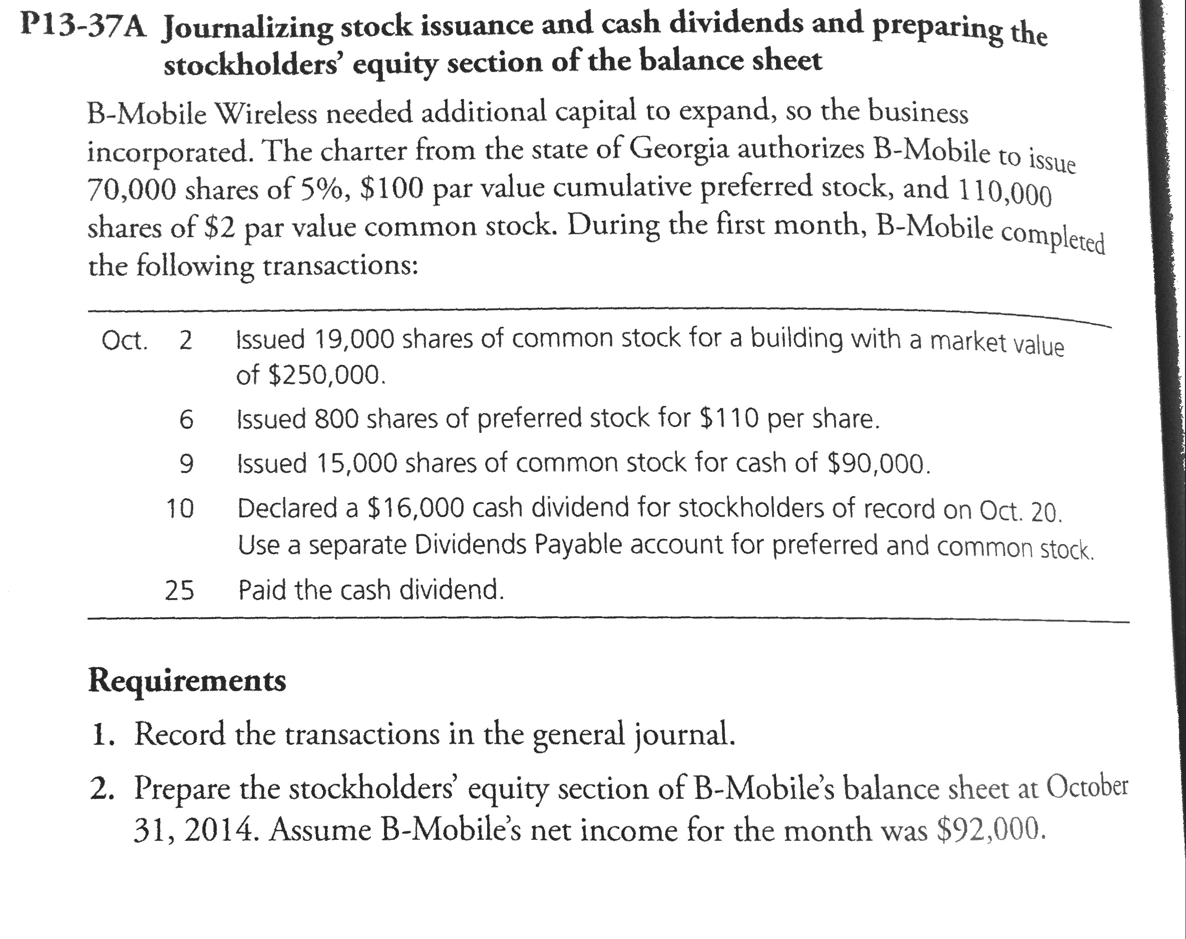 Solved A Journalizing stock issuance and cash dividends and | Chegg.com