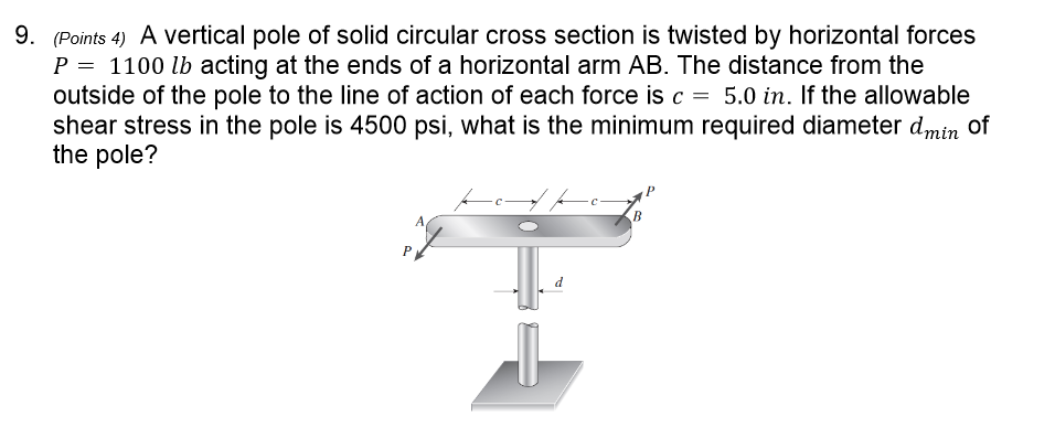 Solved 9. (Points 4) A vertical pole of solid circular cross | Chegg.com