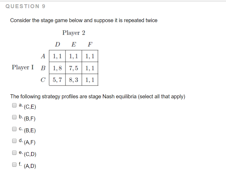 Solved QUESTION 9 Consider the stage game below and suppose | Chegg.com