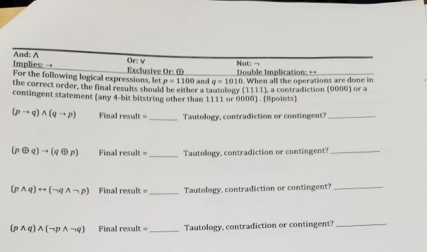 Solved And: Λ Implies. For the following logical | Chegg.com