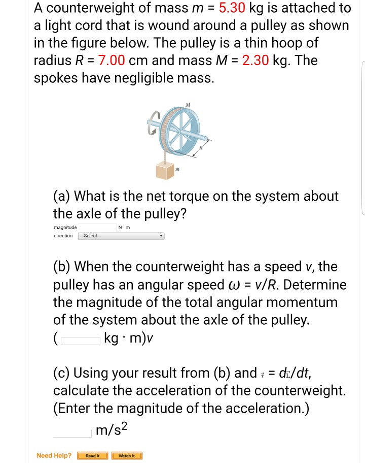 Solved A counterweight of mass m - 5.30 kg is attached to a | Chegg.com
