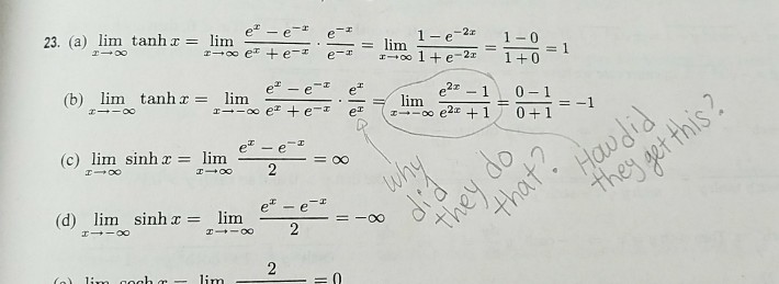 Solved 23. (a) linoo tanh x = limo et + e- 1 e1-0 . e--limo | Chegg.com