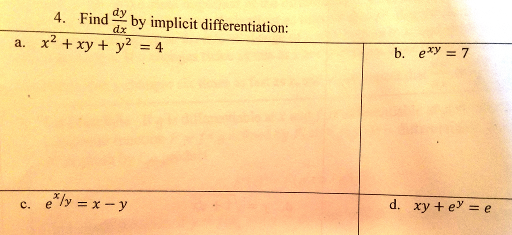 Solved dy 4. Find by implicit differentiation: a. x2 xy y2 4 | Chegg.com