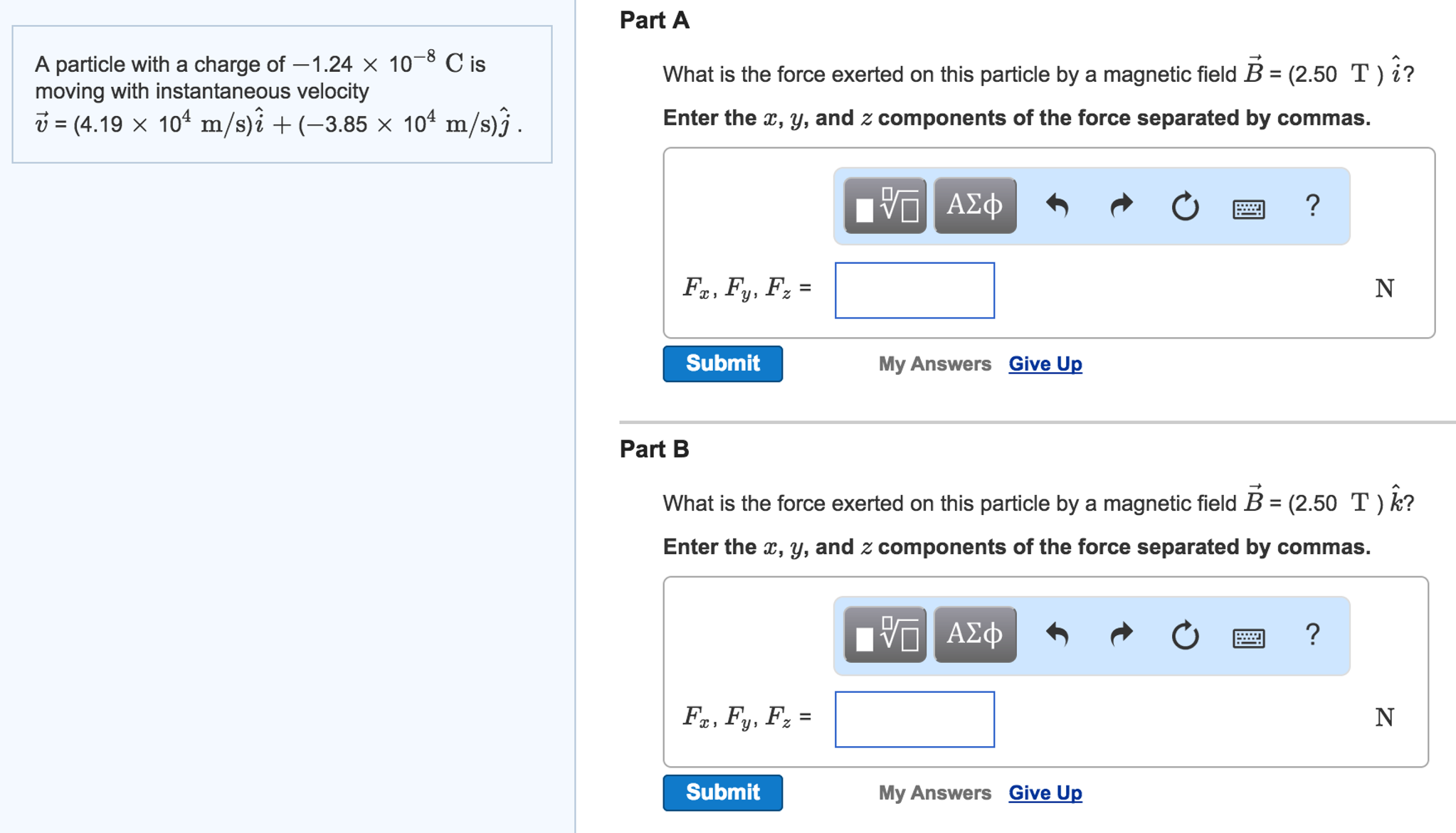 Solved A particle with a charge of -1.24 x 10 -8 C is moving | Chegg.com
