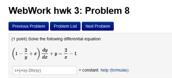 Solved WebWork hwk 3: Problem 8 Previous Problem Problem | Chegg.com Solved WebWork hwk 3: Problem 8 Previous Problem Problem | Chegg.com