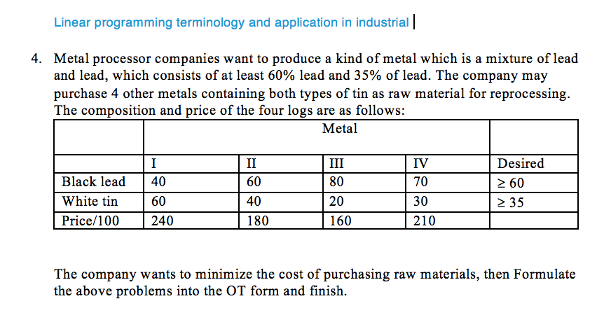 Solved Linear programming terminology and application in | Chegg.com
