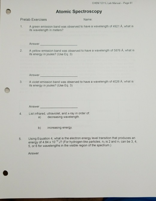 CHEM 1211L Lab Manual- Page 61 Atomic Spectroscopy | Chegg.com