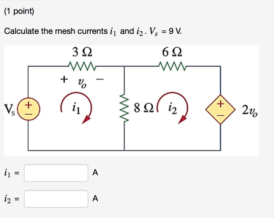 Solved (1 point) Calculate the mesh currents il and i2 . V, | Chegg.com